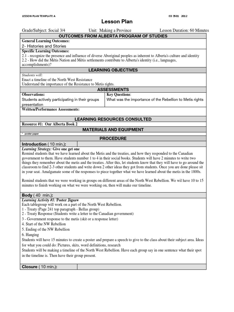 Lesson Plan: Outcomes From Alberta Program of Studies | PDF | Pedagogy ...