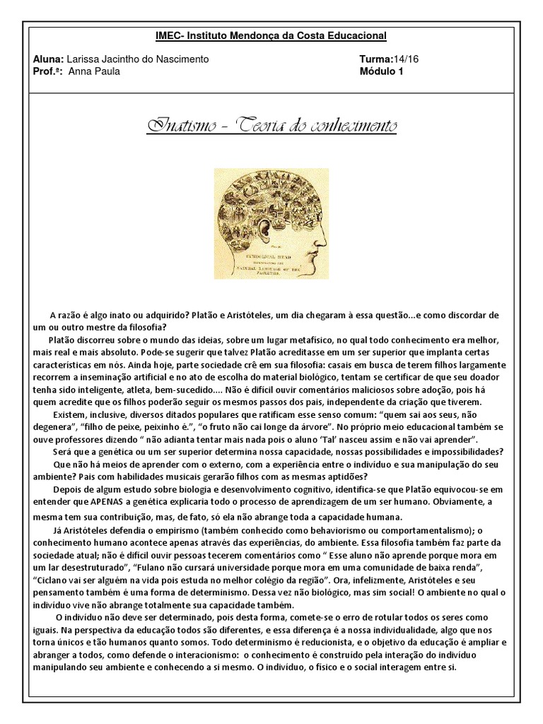 Inatismo - Aristóteles e Platão | PDF | Humano | Aprendizado