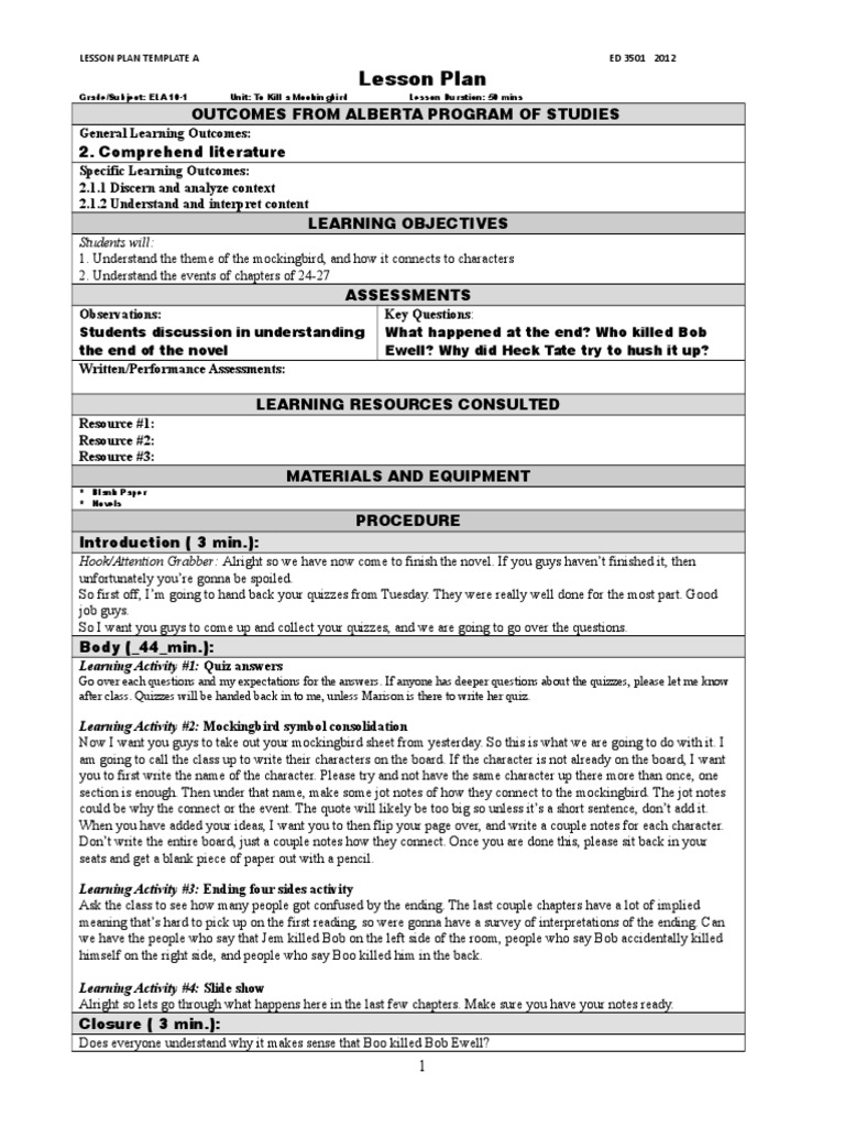 Lesson Plan: Outcomes From Alberta Program of Studies 2. Comprehend ...