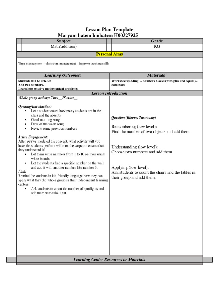 Addition Lesson Plan Template | PDF | Lesson Plan | Behaviorism