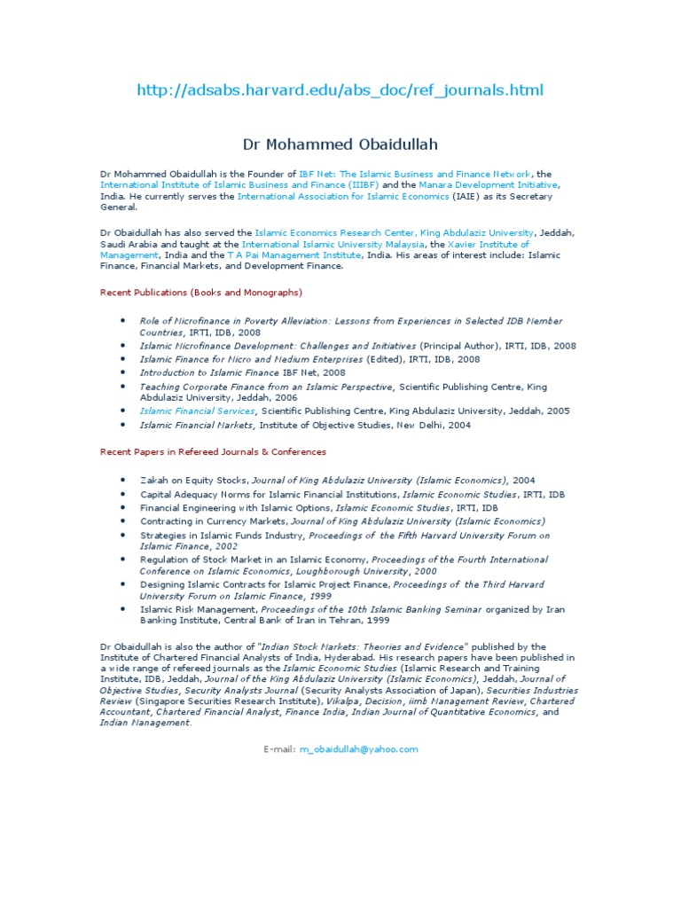 Dr. Mohammed Obaidullah's Contributions | PDF | Islamic Banking And ...