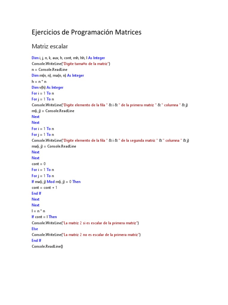 Ejercicios de Programación Matrices | PDF