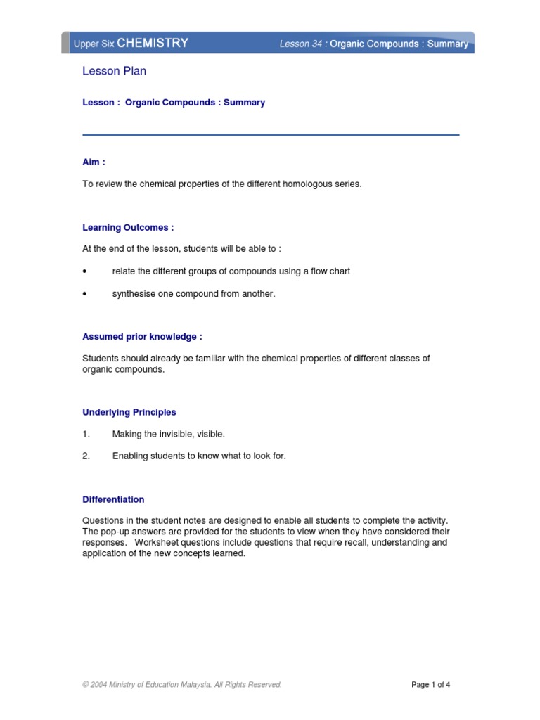 Lesson Plan: Lesson: Organic Compounds: Summary | PDF | Lesson Plan ...
