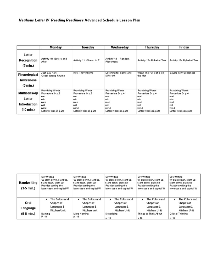 Neuhaus Letter W Reading Readiness Advanced Schedule Lesson Plan | PDF ...