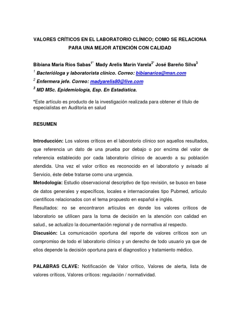 Valores Críticos en Laboratorio Clínico | PDF | Laboratorios | Calidad ...
