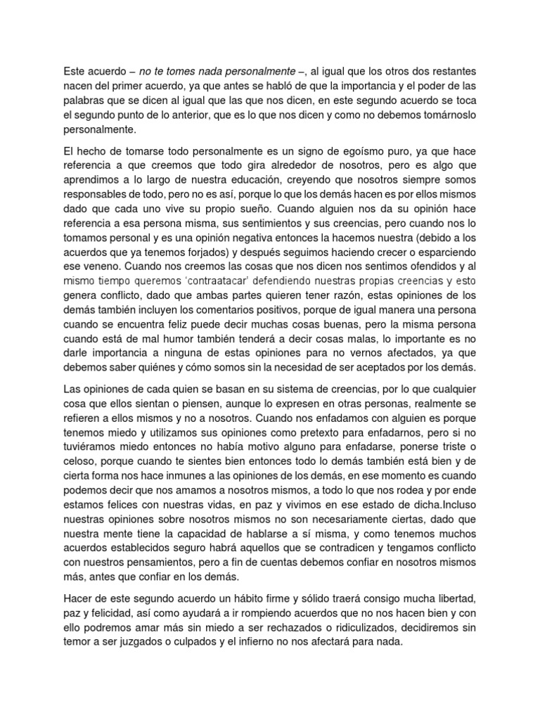 Segundo Acuerdo - Resumen | PDF | Certeza | Egoismo psicologico