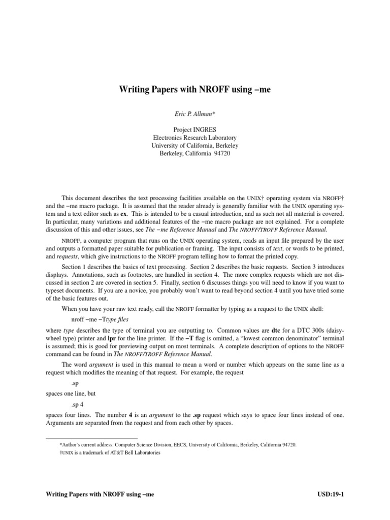 Writing Papers With NROFF Using Me: Eric P. Allman | PDF | Paragraph ...