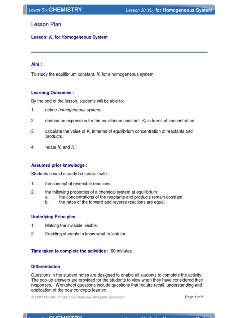 Lesson Plan: Lesson: For Homogeneous System | PDF | Chemical ...