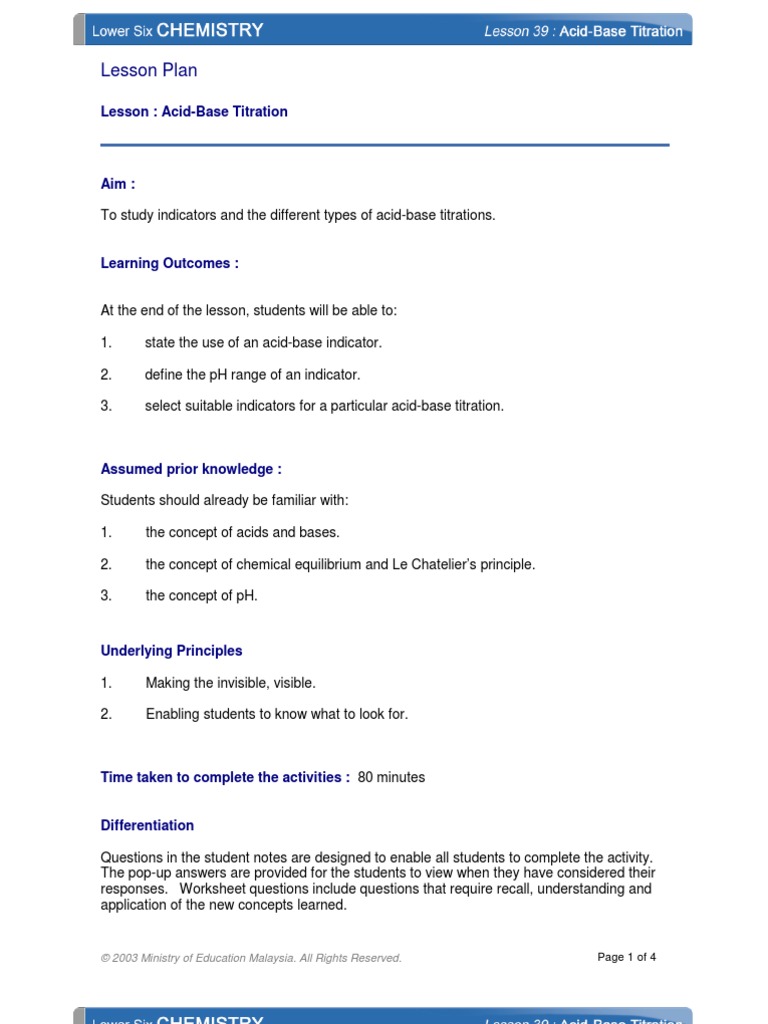 Lesson Plan: Lesson: Acid-Base Titration | PDF | Acid | Ph