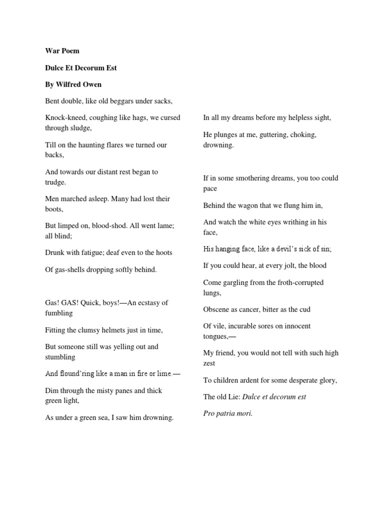 War Poem Dulce Et Decorum Est by Wilfred Owen: Pro Patria Mori | PDF ...