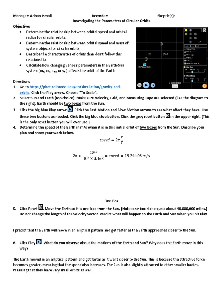 Phet Investigating The Parameters of Circular Orbits | PDF | Orbit | Sun