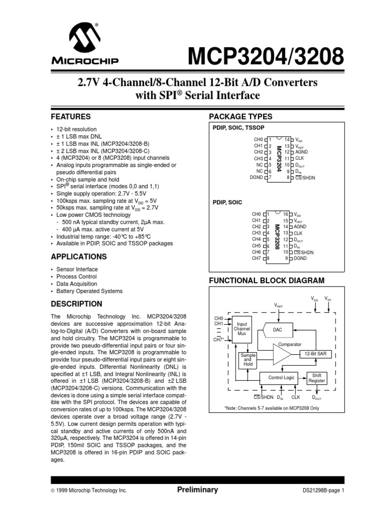 MCP3204 MCP3208 PDF | PDF | Signal To Noise Ratio | Analog To Digital Converter