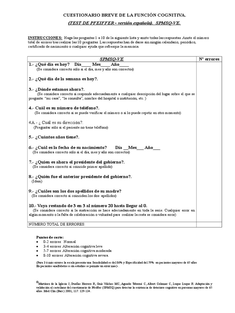 Test de Pfeiffer Evaluaciòn Cognitiva Del Adulto Mayor | Bienestar
