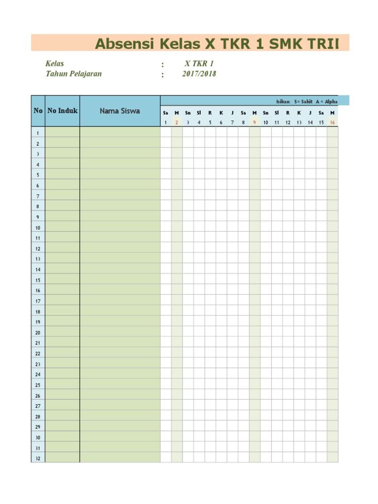 Absensi Kelas X TKR 1 SMK Tridaya | PDF