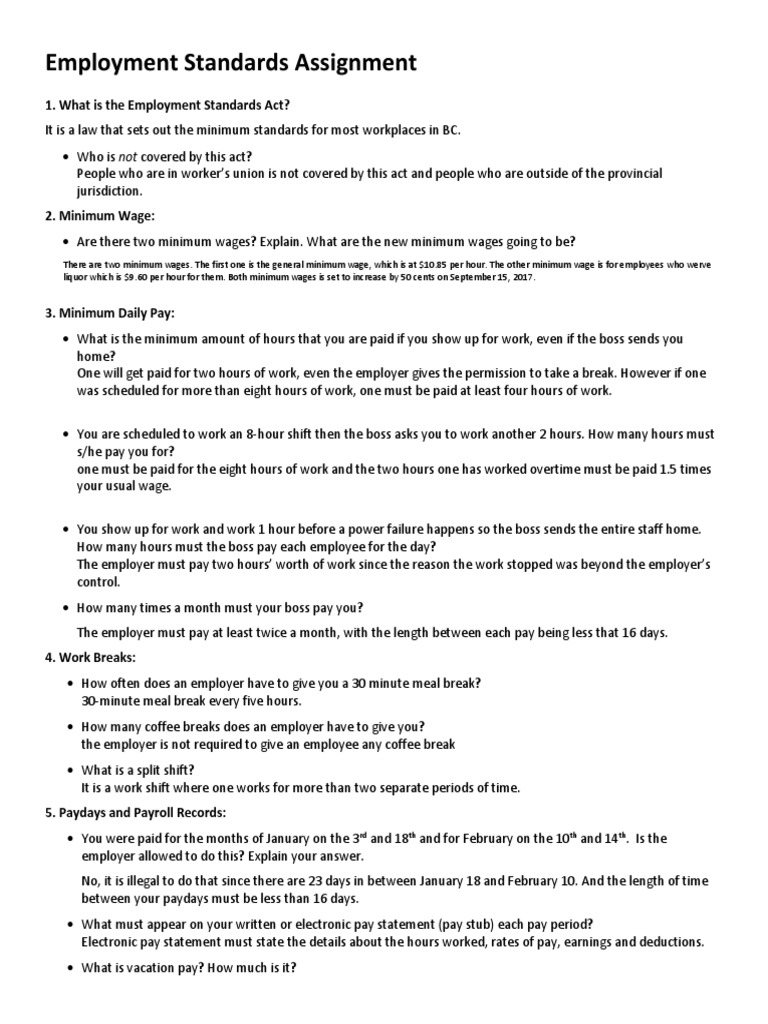 Employment Standards Assignment | PDF | Working Conditions | Employment