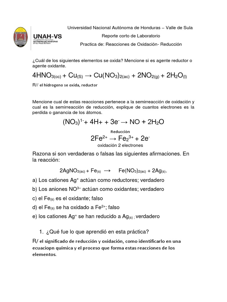 Reporte De Laboratorio Sobre Reacciones De Oxidación Reducción En La