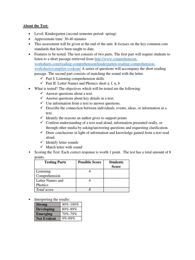 Kindergarten Listening Comprehension Test | PDF | Reading Comprehension ...
