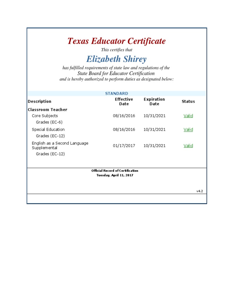 Texas Educator Certificate: Elizabeth Shirey | PDF