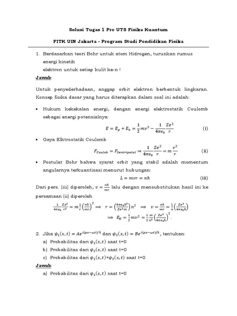 Solusi TUGAS 1 PRE-UTS Fisika Kuantum | PDF