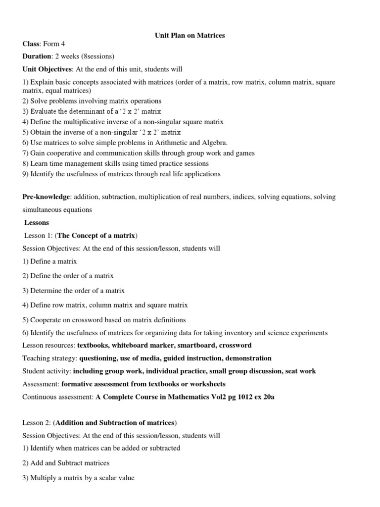 Jozette Roberts Unit Plan On Matrices Portfolio | PDF | Matrix ...