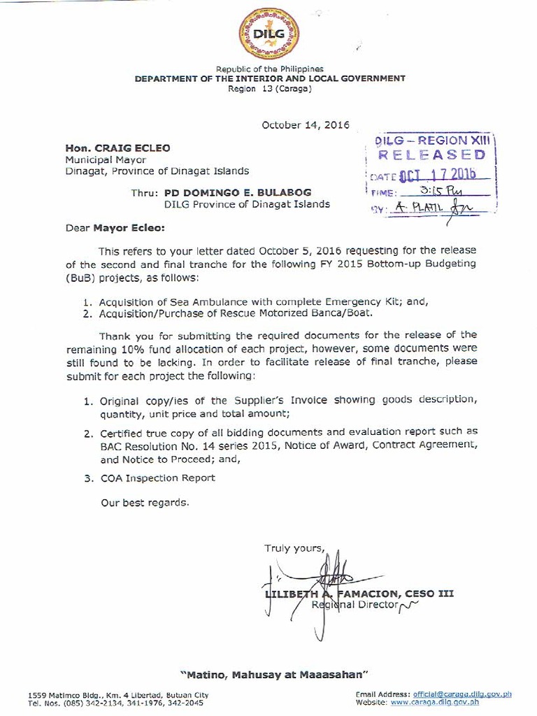 Letter To MAYOR CRAIG ECLEO Re Request For Final Tranche of BUB Projects | PDF