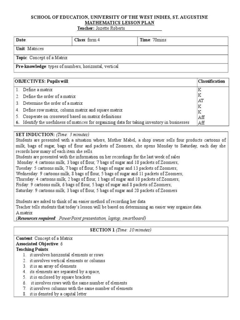 Matrix Concepts and Lesson Plan | PDF | Matrix (Mathematics ...