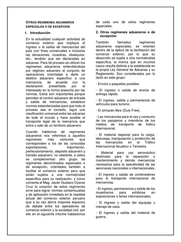Otros Regímenes Aduaneros Especiales o de Excepción | PDF | aduana | El comercio internacional