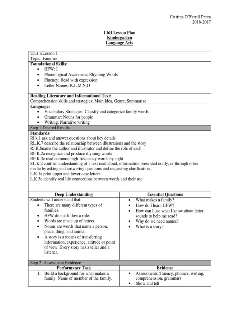Ubd Lesson Plan Lesson 1 Families | Download Free PDF | Reading ...