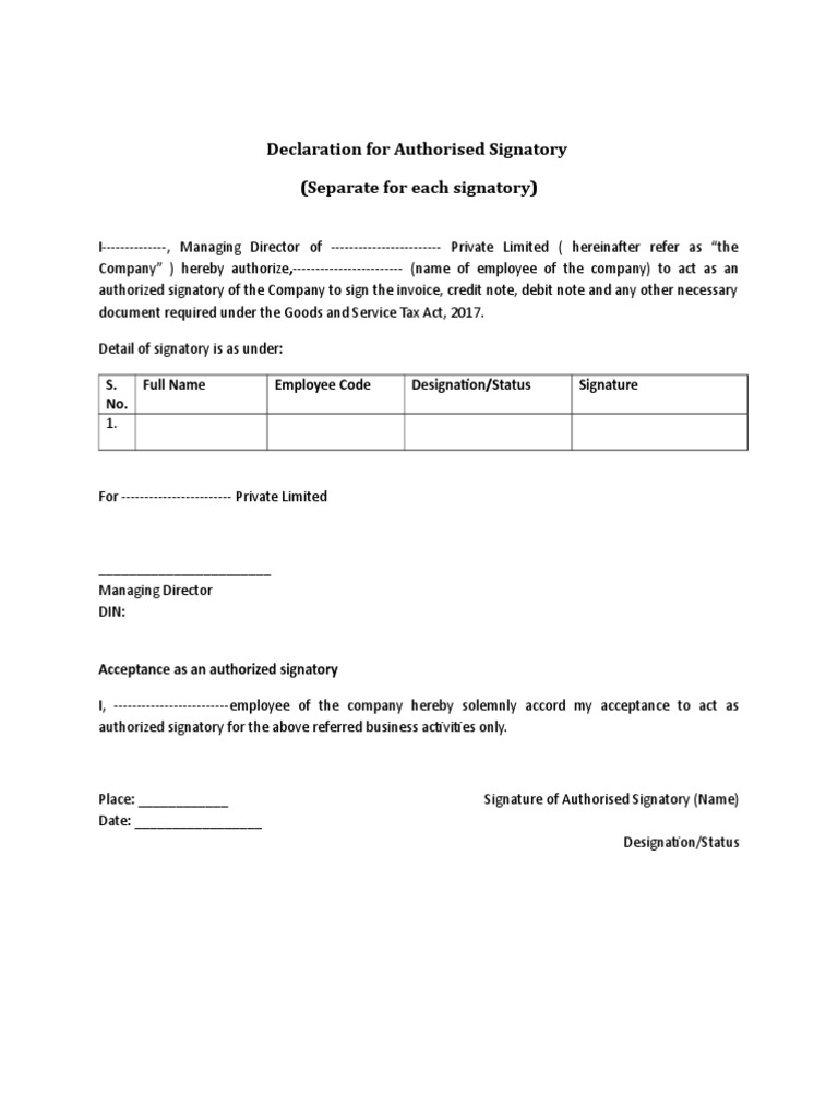 Format For Declaration of Authorized Signatory in GST Law | PDF