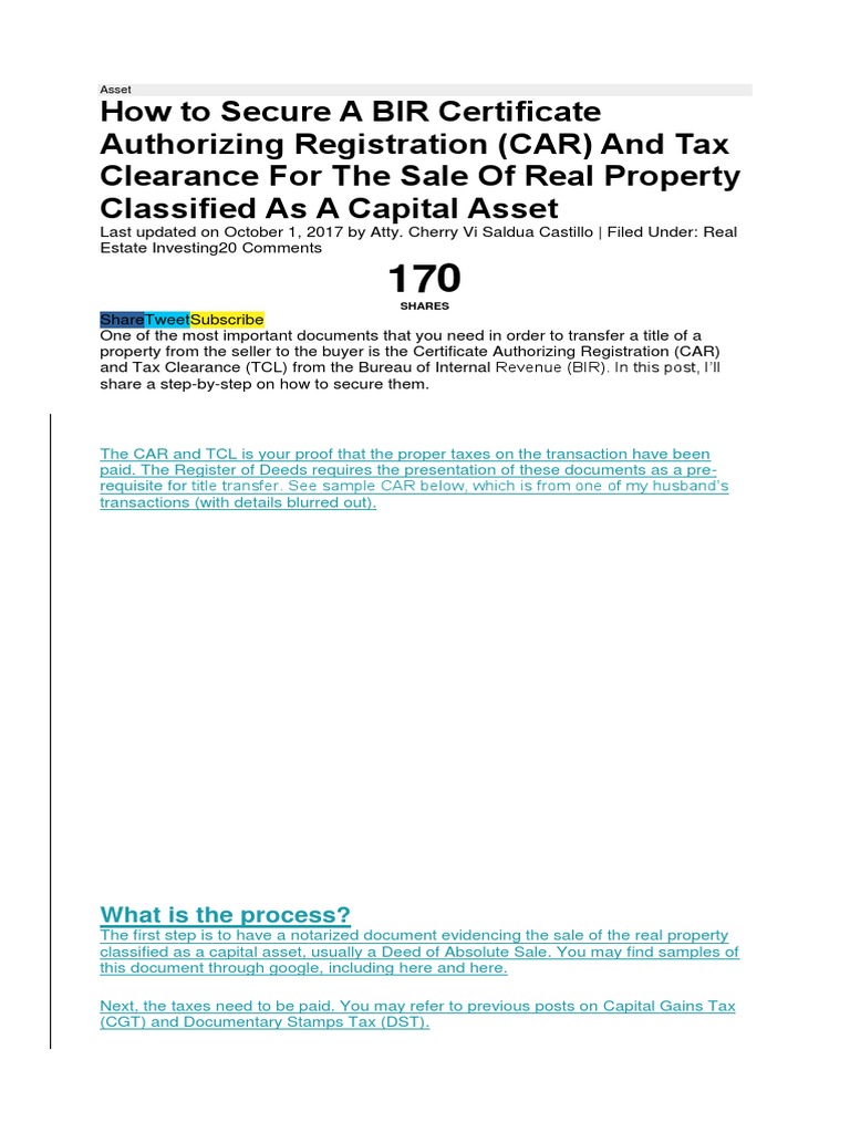 Securing BIR CAR for Property Sales | PDF | Notary Public | Taxes