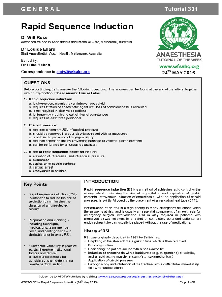 Rapid Sequence Induction Overview | PDF | Medical Treatments | Medicine