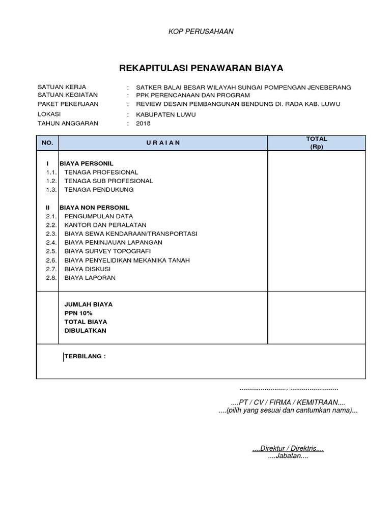 RAB Review Desain Pembangunan Bendung DI Rada KAb Luwu - Kosong | PDF