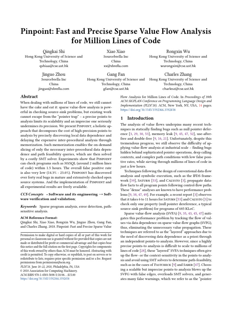 Pinpoint - Fast and Precise Sparse Value Flow Analysis For Million Lines of Code | PDF ...