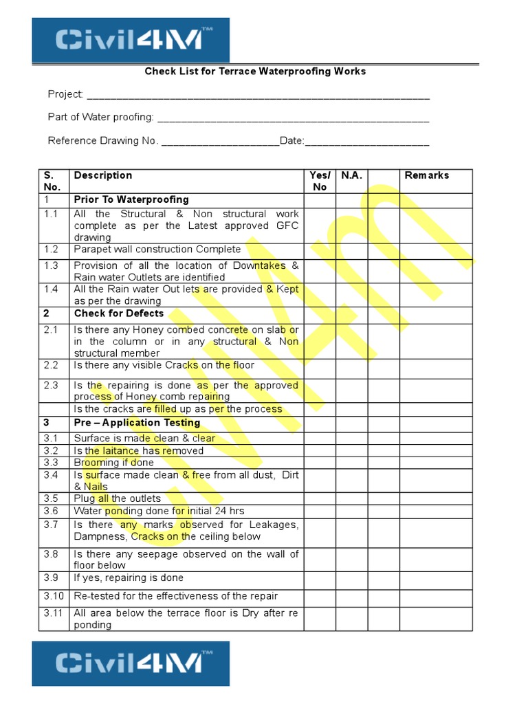Checklist For Terrace Waterproofing | PDF | Building | Building Engineering