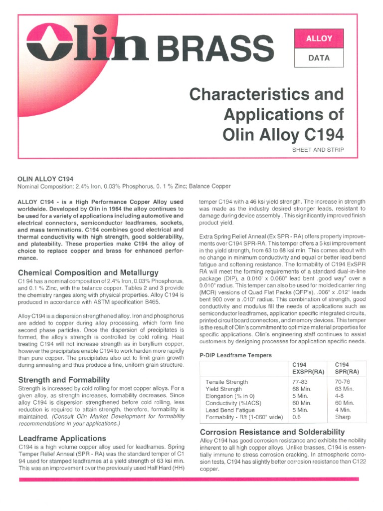 Brass: Characteristics and Applications of Olin Alloy C194 | PDF ...