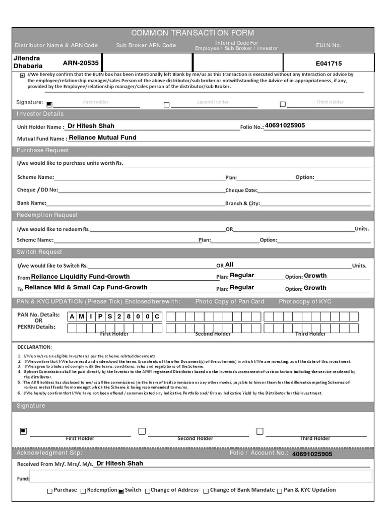 Common Transaction Form: E041715 Jitendra Dhabaria ARN-20535 | PDF ...