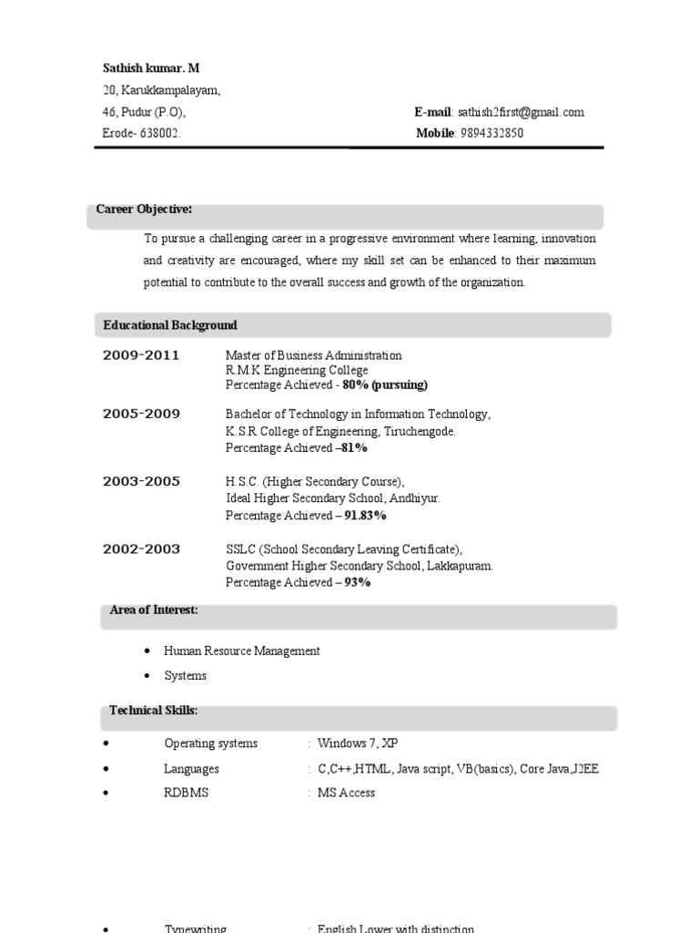 M.Sathish Kumar Resume | PDF | Computing | Areas Of Computer Science