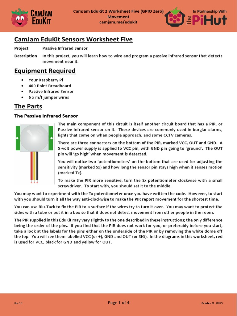 CamJam EduKit 2 - Sensors Worksheet 5 (GPIO Zero) - Movement | PDF | Manufactured Goods ...