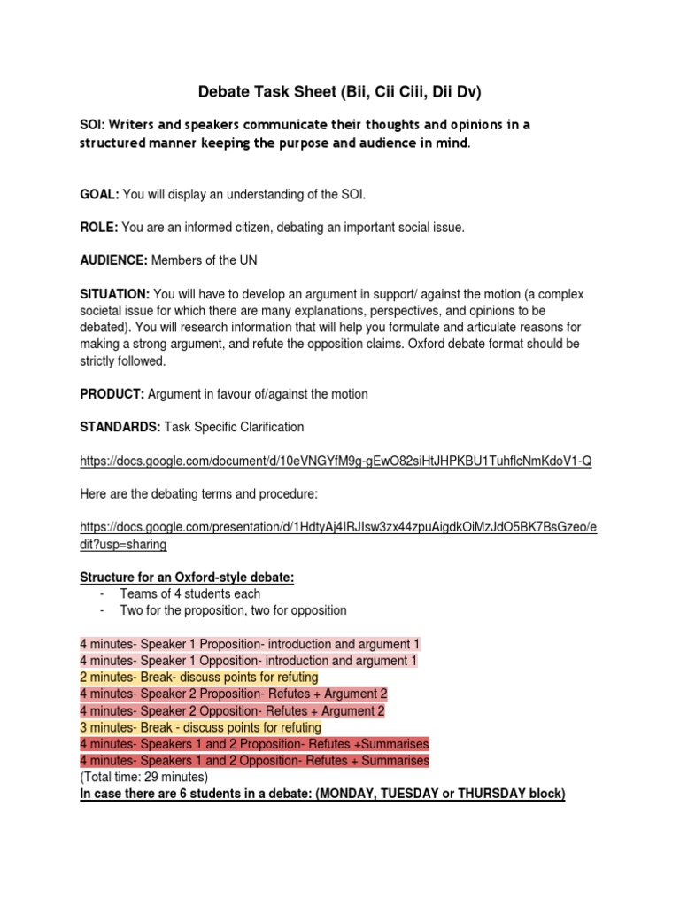 Debate Task Sheet | PDF | Argument | Public Sphere