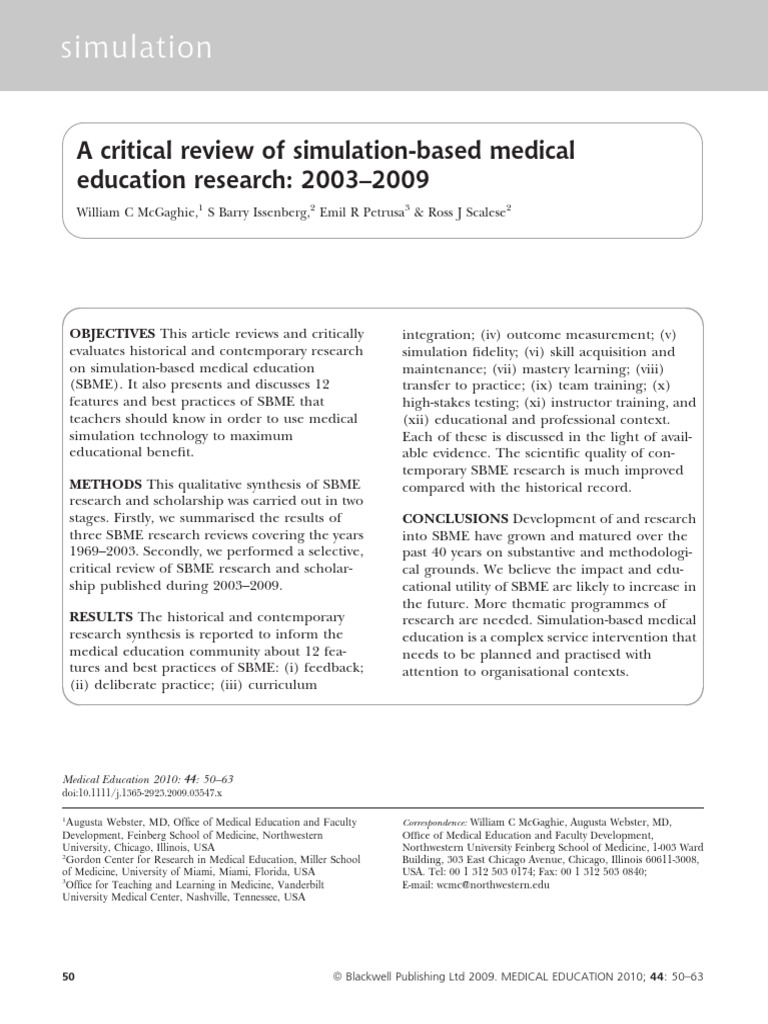 A Critical Review of Simulation-Based Medical Education Research PDF ...