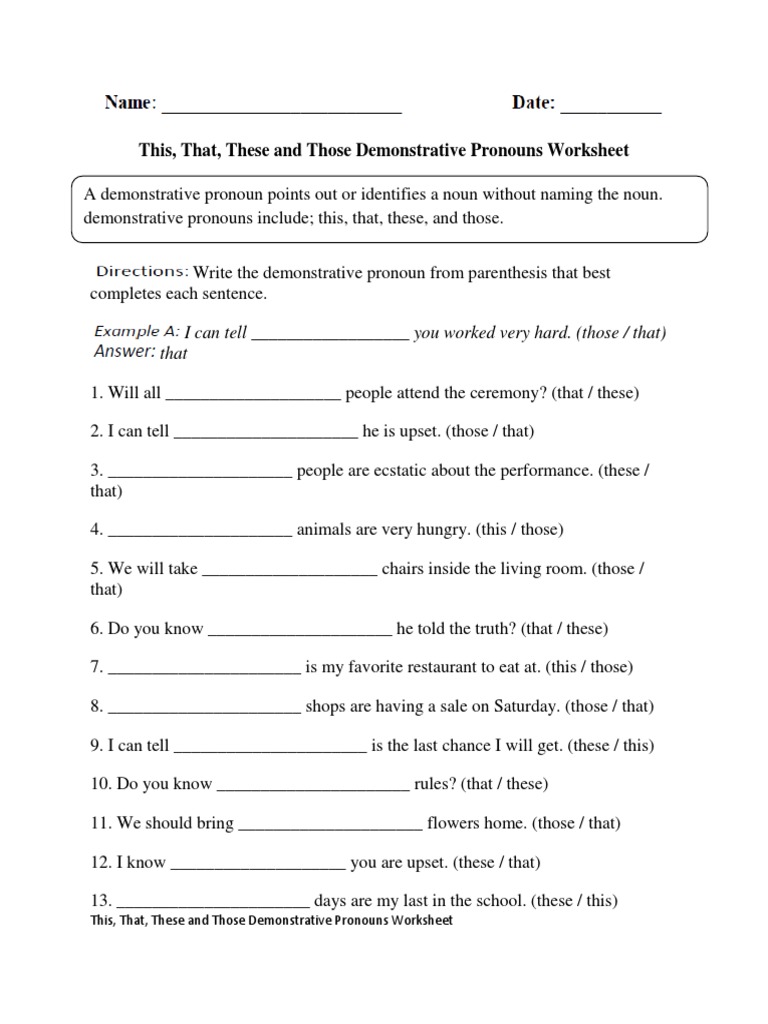 Demonstrative Pronouns Worksheet