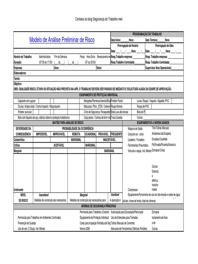 (modelo de APR - Análise Preliminar de Risco - 2).pdf | Desperdício ...
