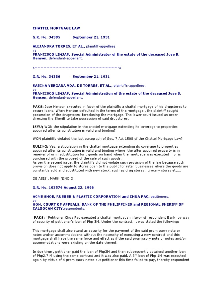 Chattel Mortgage Law Case Digest | Foreclosure | Promissory Note