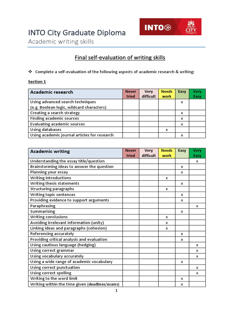 Academic Writing Skills Self-Evaluation | PDF | Question | Essays