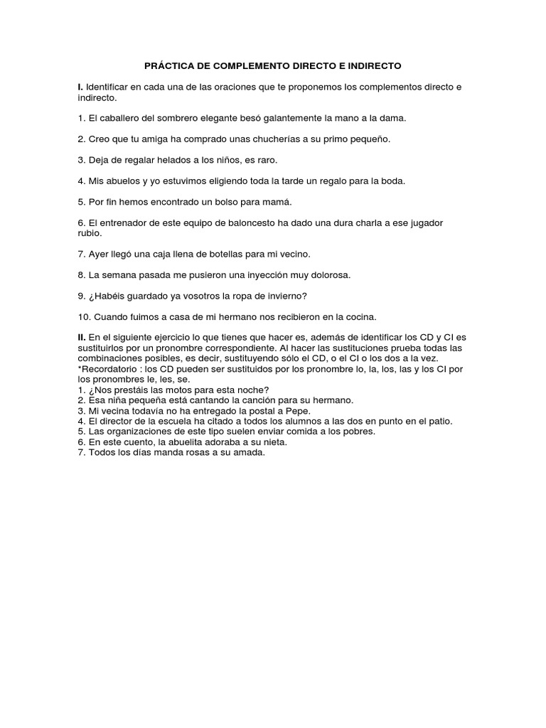 Práctica de Complemento Directo e Indirecto | PDF | Hogar, jardinería y ...