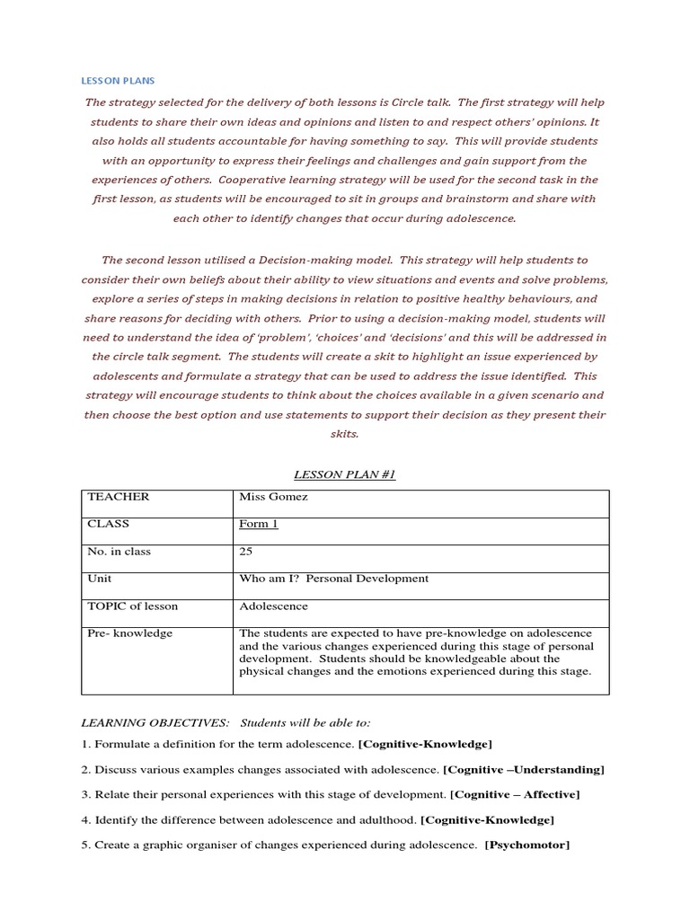 Lesson Plan Adolescence | PDF | Adolescence | Decision Making