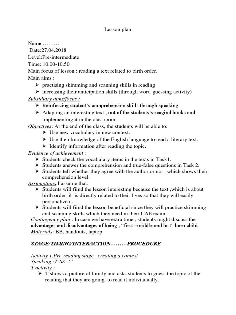 Lesson Plan - Birth Order | PDF | Reading Comprehension | Speed Reading