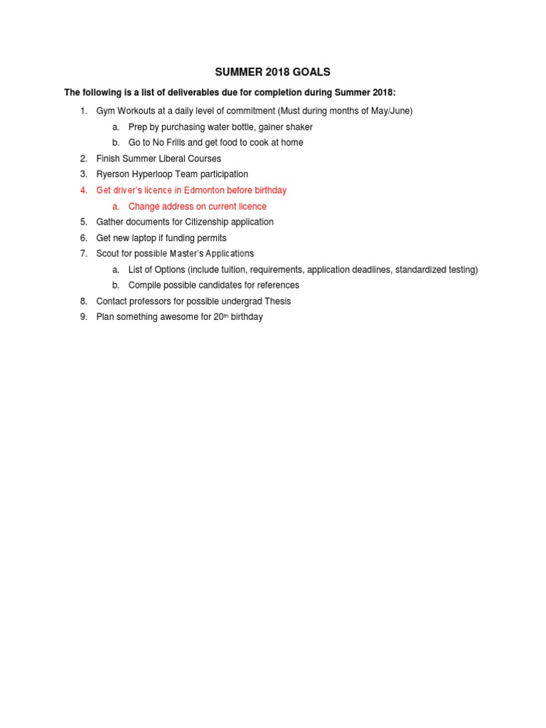 Summer 2018 Goals: The Following Is A List of Deliverables Due For ...
