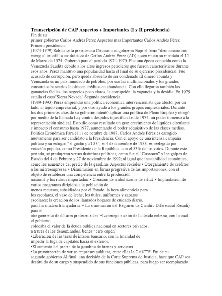 Transcripción de CAP Aspectos + Importantes (I y II Presidencia) | PDF ...