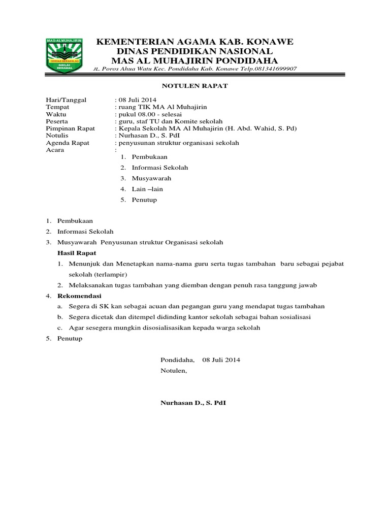 Notulen Rapat Penyusunan Struktur Organisasi Sekolah | PDF